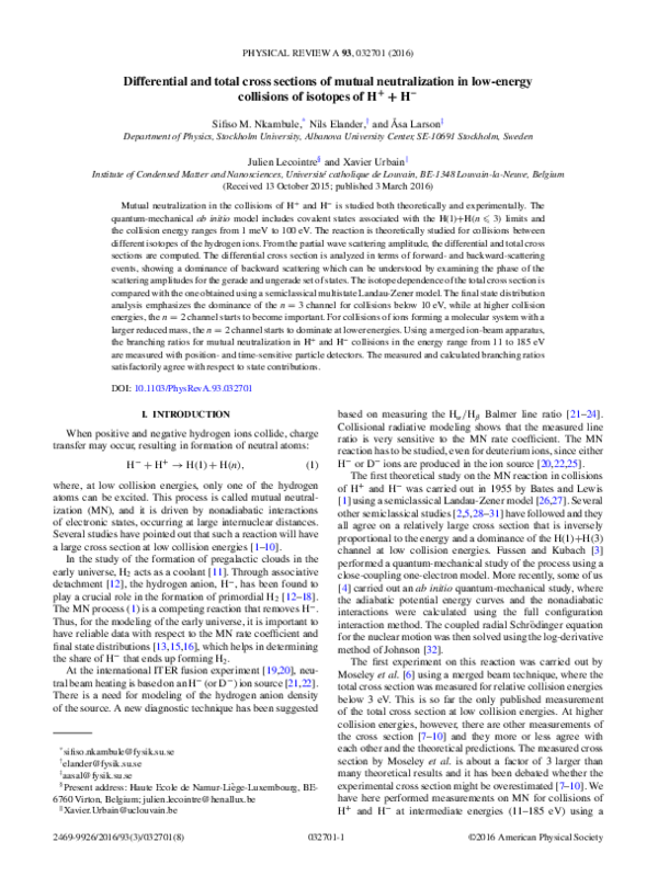 (PDF) Differential and total cross sections of mutual neutralization in low-energy collisions of ...