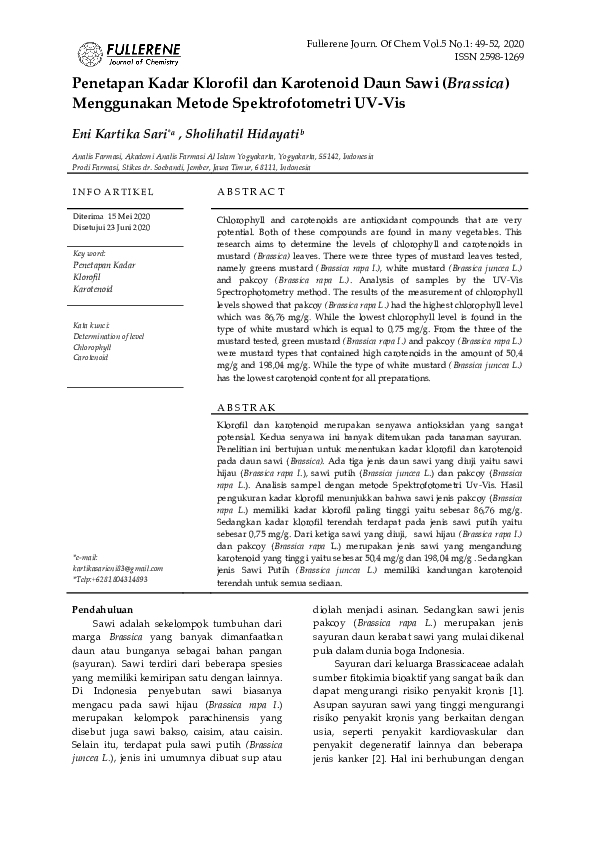 (PDF) Penetapan Kadar Klorofil dan Karotenoid Daun Sawi (Brassica) Menggunakan Metode ...