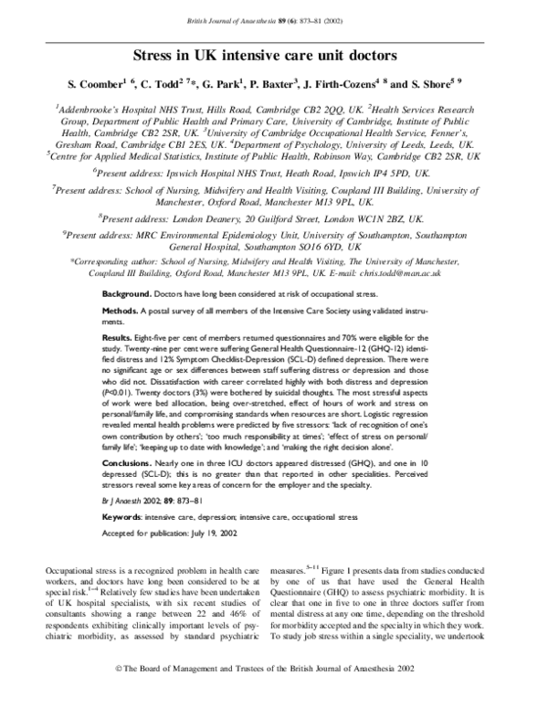 (PDF) Stress in UK intensive care unit doctors