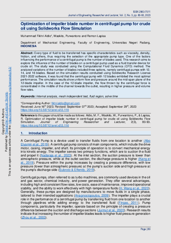 Pdf Optimization Of Impeller Blade Number In Centrifugal Pump For Crude Oil Using Solidworks