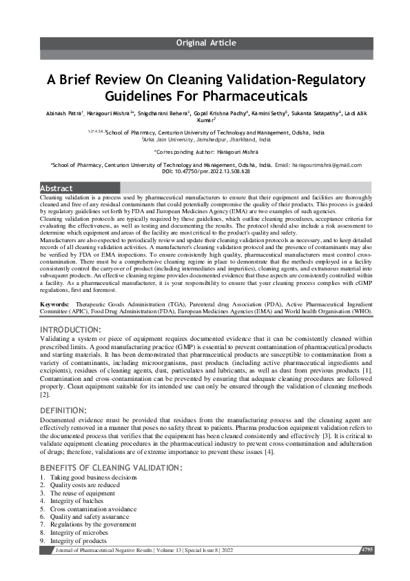 (PDF) A Brief Review On Cleaning Validation-Regulatory Guidelines For Pharmaceuticals