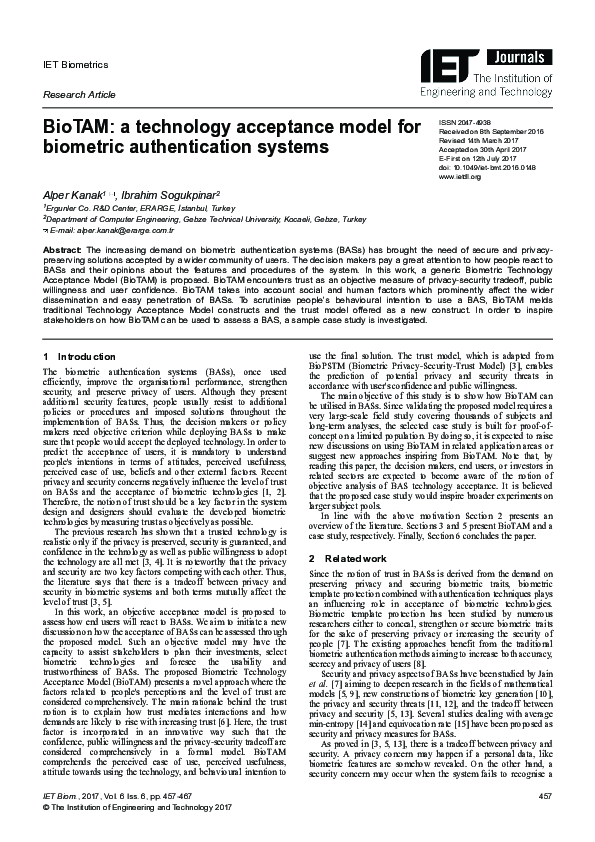 (PDF) BioTAM: a technology acceptance model for biometric authentication systems