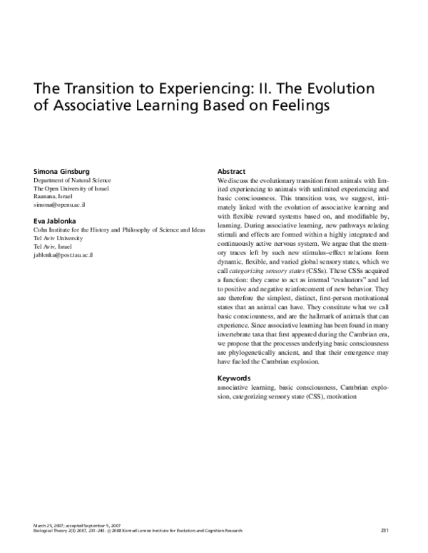 (PDF) Evolution of Associative Learning and Basic Consciousness