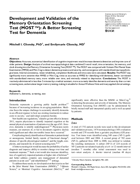 (PDF) Development and Validation of the Memory Orientation Screening ...