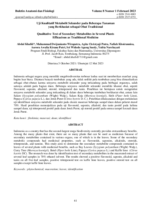 (PDF) UJi Kualitatif Metabolit Sekunder pada Beberapa Tanaman yang Berkhasiat sebagai Obat ...