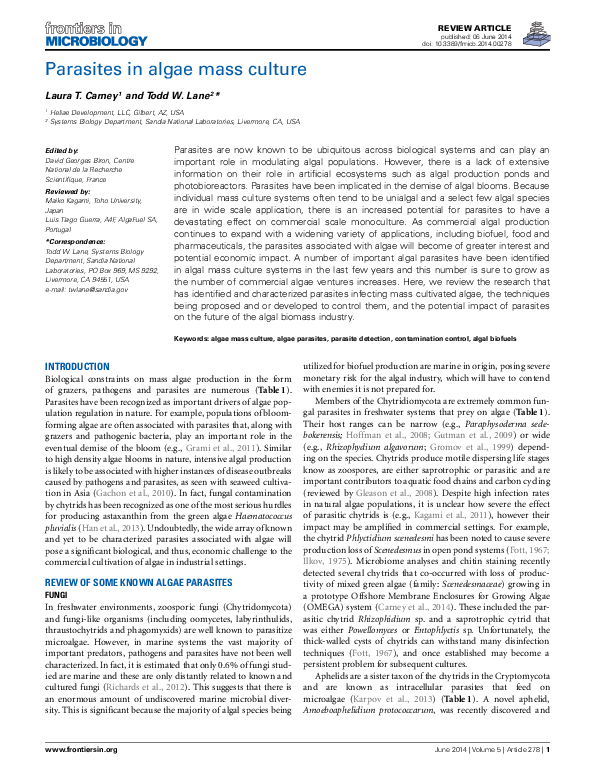 (PDF) Parasites in algae mass culture