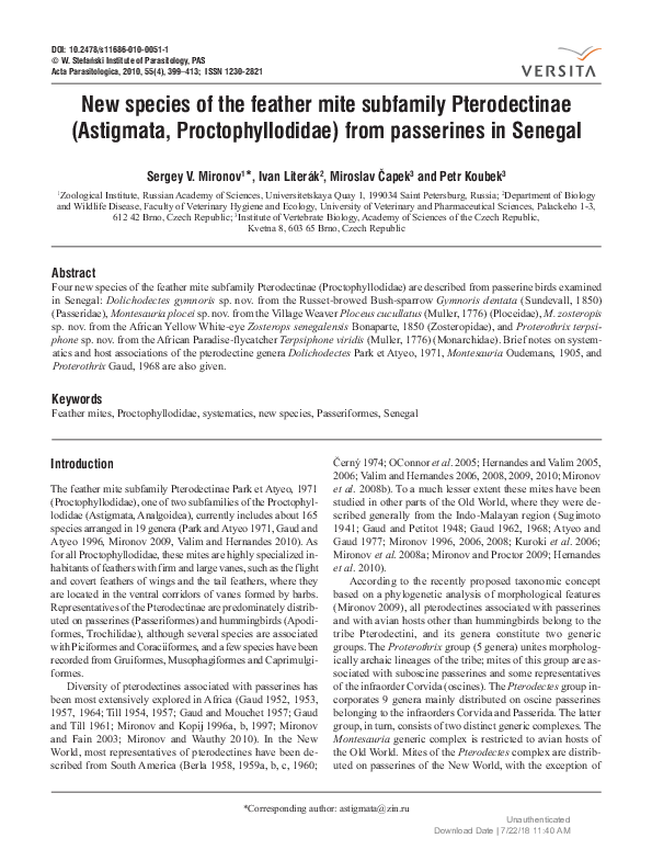 (PDF) New species of the feather mite subfamily Pterodectinae ...