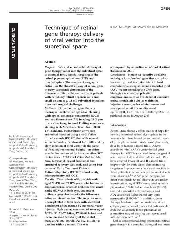(PDF) Technique of retinal gene therapy: delivery of viral vector into ...