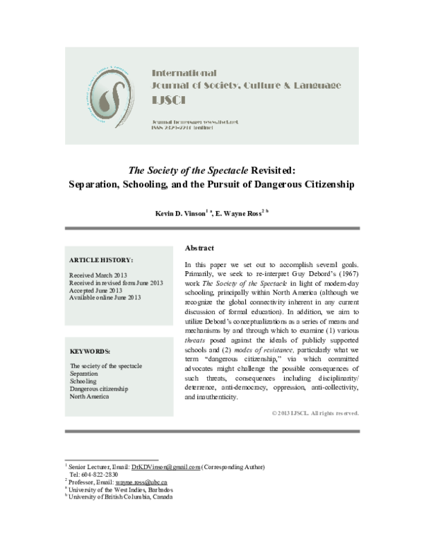 (PDF) The Society of the Spectacle Revisited: Separation, Schooling ...