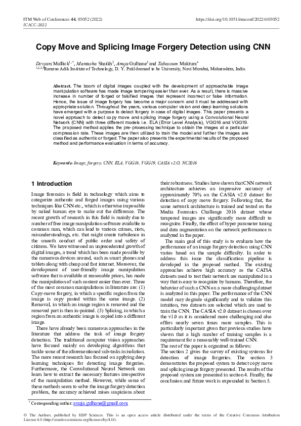 (PDF) Copy Move and Splicing Image Forgery Detection using CNN