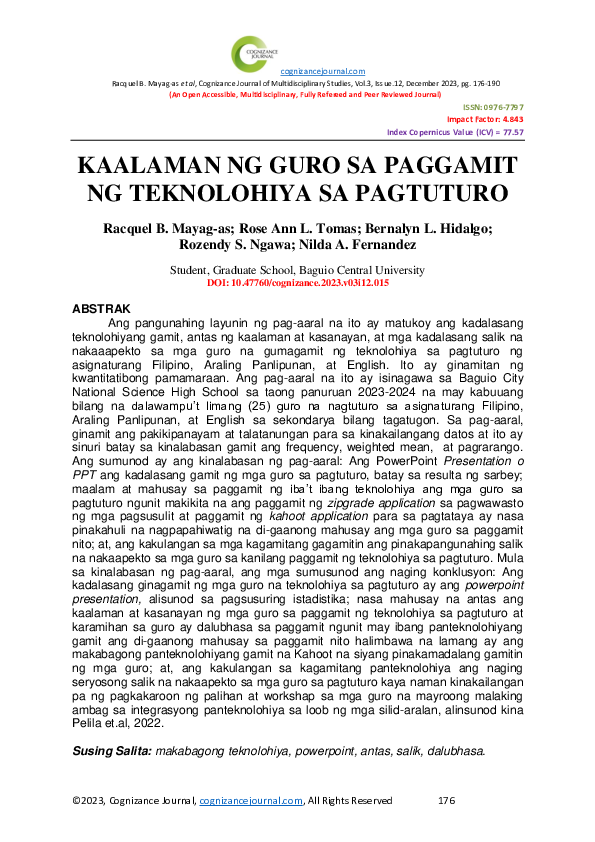(PDF) KAALAMAN NG GURO SA PAGGAMIT NG TEKNOLOHIYA SA PAGTUTURO