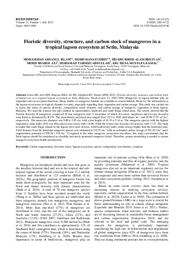 (PDF) Floristic diversity, structure, and carbon stock of mangroves in ...