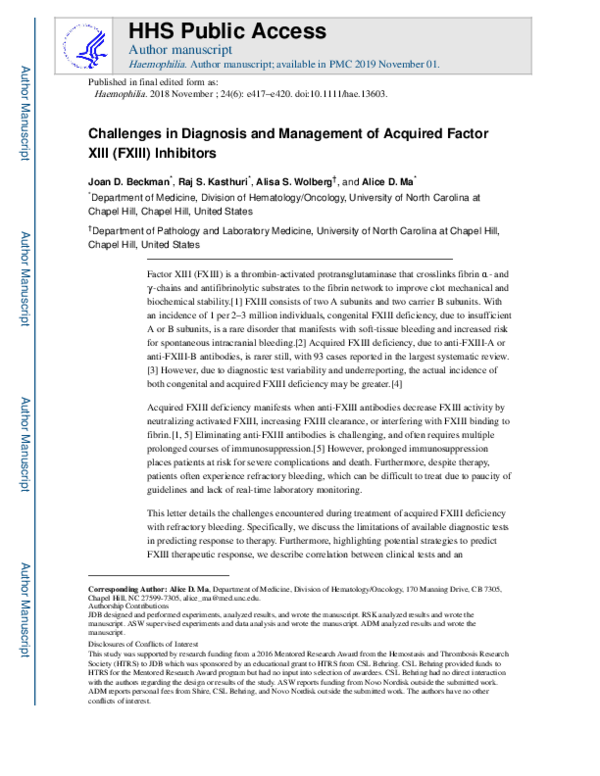 (PDF) Challenges in diagnosis and management of acquired factor XIII ...