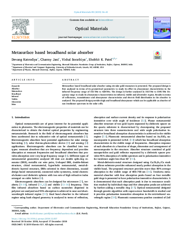 (PDF) Metasurface based broadband solar absorber