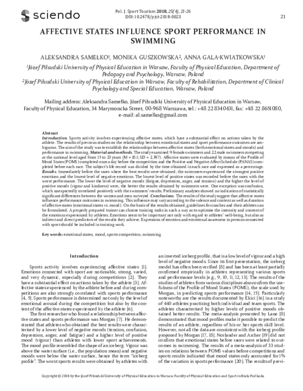 (PDF) Affective States Influence Sport Performance in Swimming