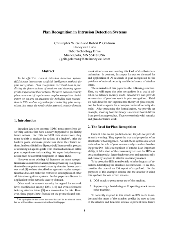 (PDF) Plan recognition in intrusion detection systems