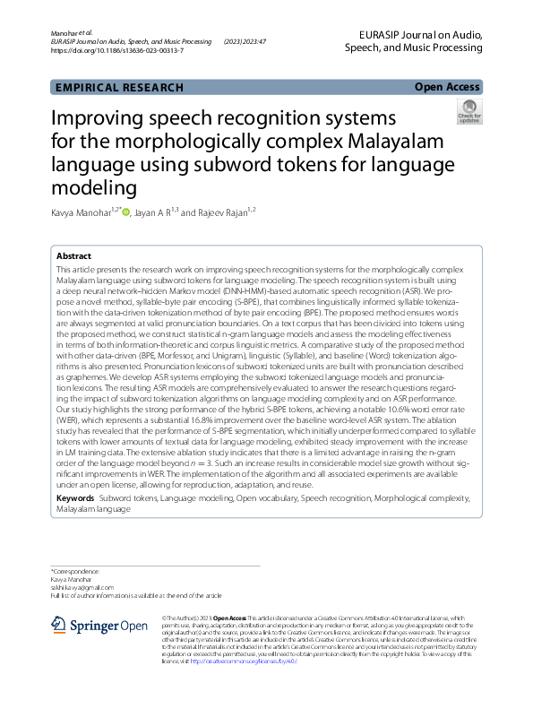 (PDF) Improving speech recognition systems for the morphologically complex Malayalam language ...