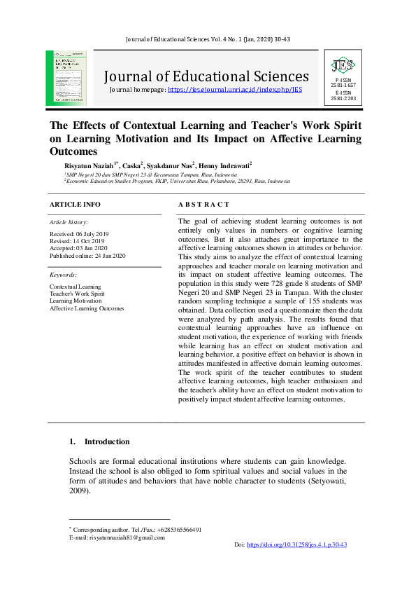 (PDF) The Effects of Contextual Learning and Teacher's Work Spirit on Learning Motivation and ...