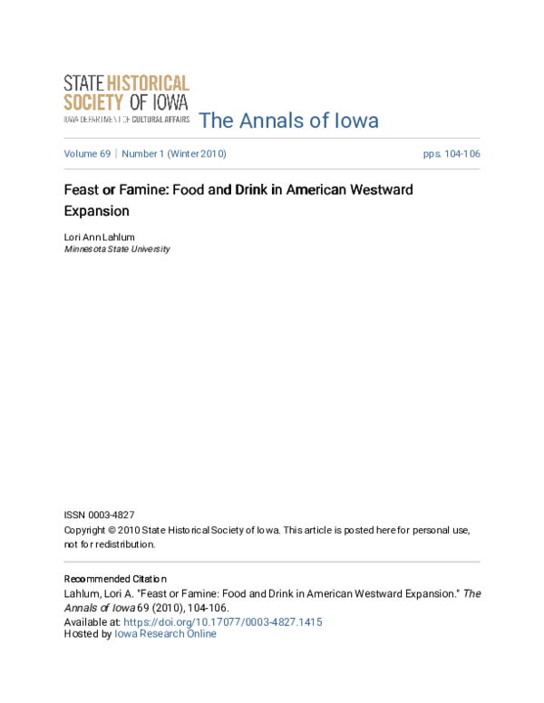 (PDF) Feast or Famine: Food and Drink in American Westward Expansion