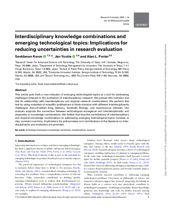 (PDF) Interdisciplinary knowledge combinations and emerging technological topics: Implications ...