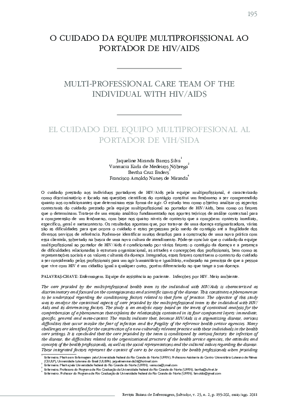 (PDF) O Cuidado Da Equipe Multiprofissional Ao Portador De Hiv/Aids | FRANCISCO ARNOLDO NUNES DE ...