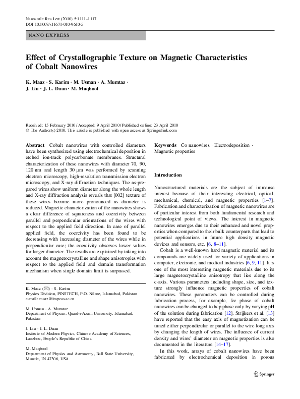 (PDF) Effect of Crystallographic Texture on Magnetic Characteristics of Cobalt Nanowires