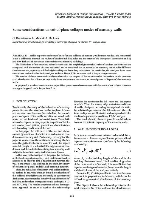 (PDF) Some considerations on out-of-plane collapse modes of masonry walls
