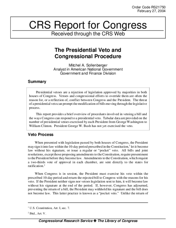 (PDF) The Presidential Veto and Congressional Procedure