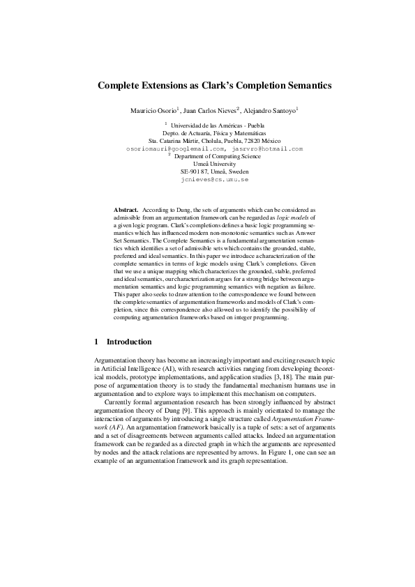 (PDF) Complete Extensions as Clark's Completion Semantics | Alejandro Zubeldia - Academia.edu
