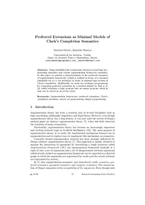 (PDF) Preferred Extensions as Minimal Models of Clark's Completion Semantics