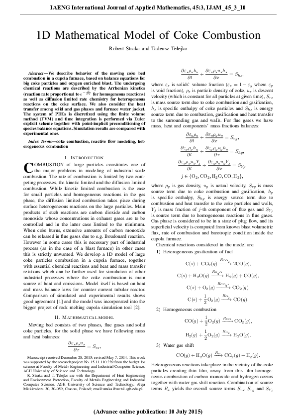 (PDF) 1D Mathematical Model of Coke Combustion | Tadeusz Telejko ...