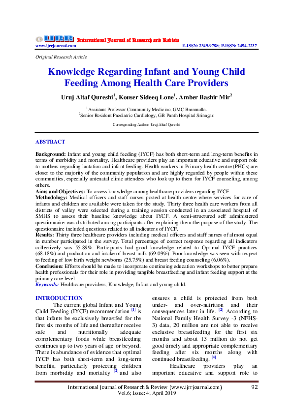 Pdf Knowledge Regarding Infant And Young Child Feeding Among Health