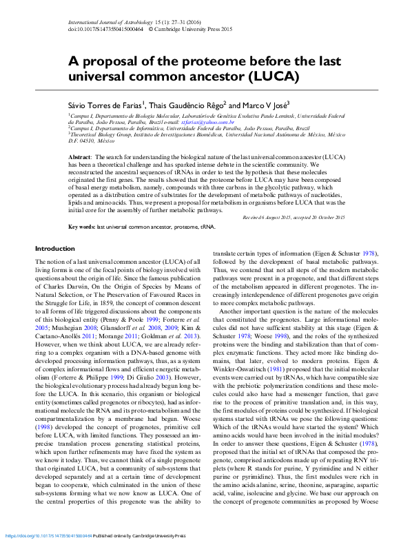 (PDF) A proposal of the proteome before the last universal common ...