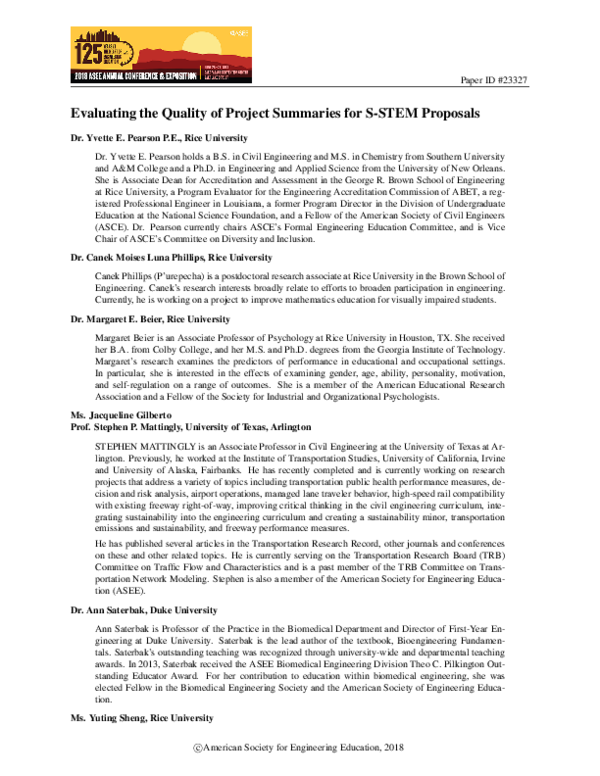 (PDF) Evaluating the Quality of Project Summaries for S-STEM Proposals
