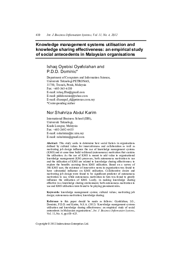 (PDF) Knowledge management systems utilisation and knowledge sharing effectiveness: an empirical ...