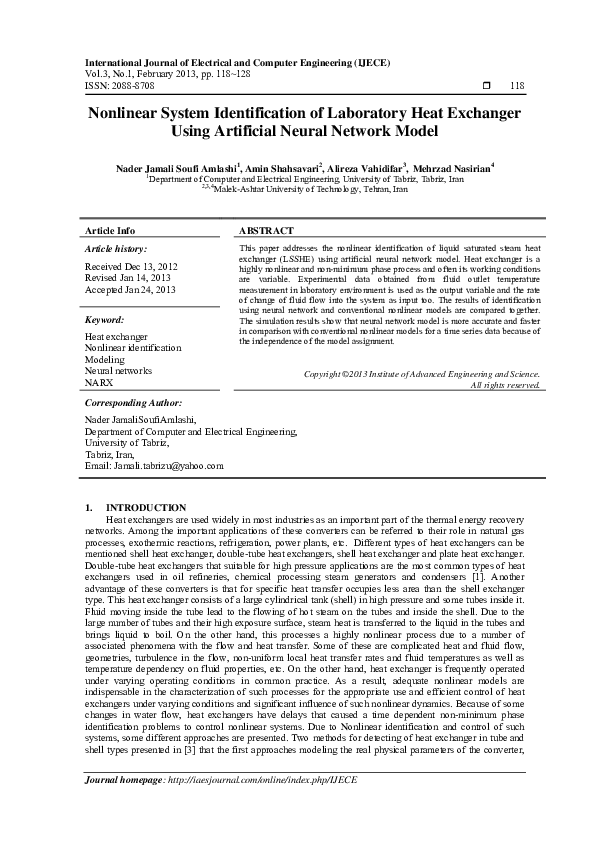 (PDF) Nonlinear System Identification of Laboratory Heat Exchanger Using Artificial Neural ...