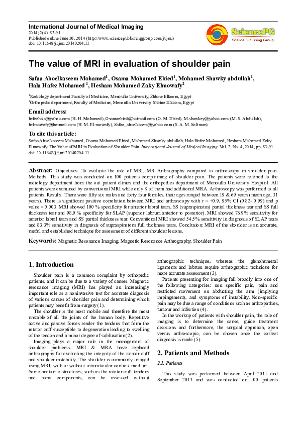 (PDF) The Value of MRI in Evaluation of Shoulder Pain
