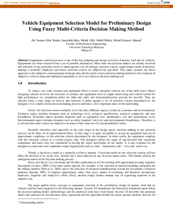 (PDF) Vehicle equipment selection model for preliminary design using ...