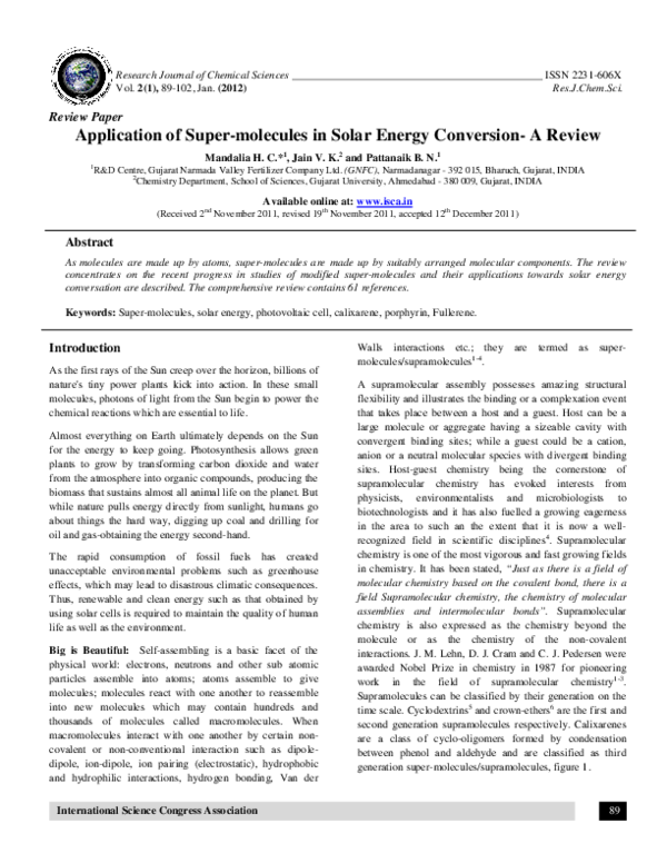 (PDF) Application of Super-molecules in Solar Energy Conversion-A Review