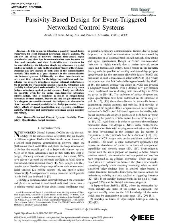 (PDF) Passivity-Based Design for Event-Triggered Networked Control Systems