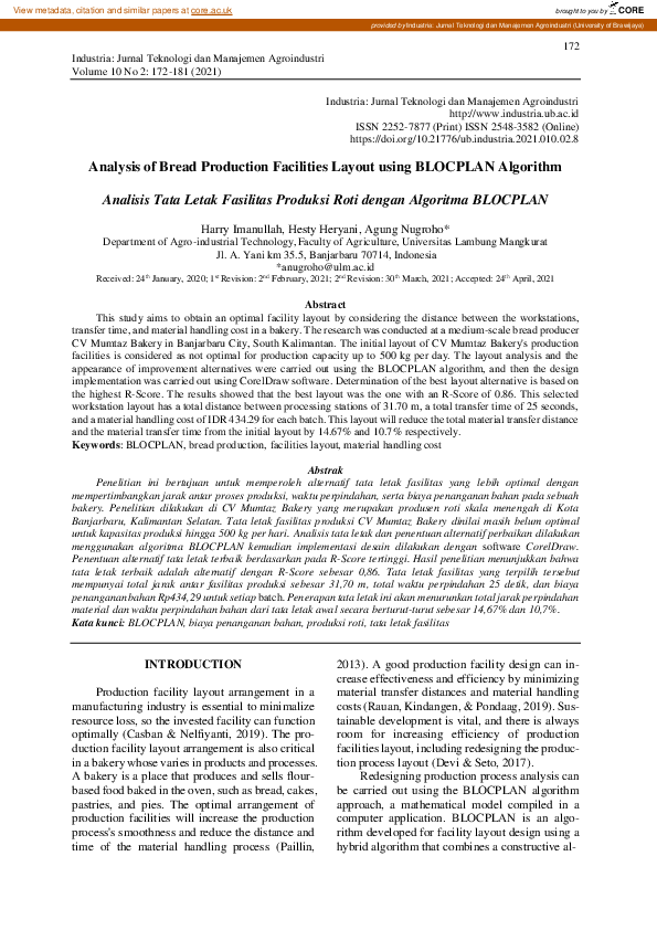 (PDF) Analysis of Bread Production Facilities Layout using BLOCPLAN Algorithm
