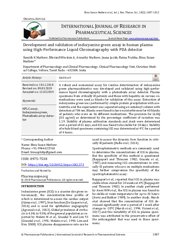 (PDF) Development and validation of indocyanine green assay in human plasma using High ...