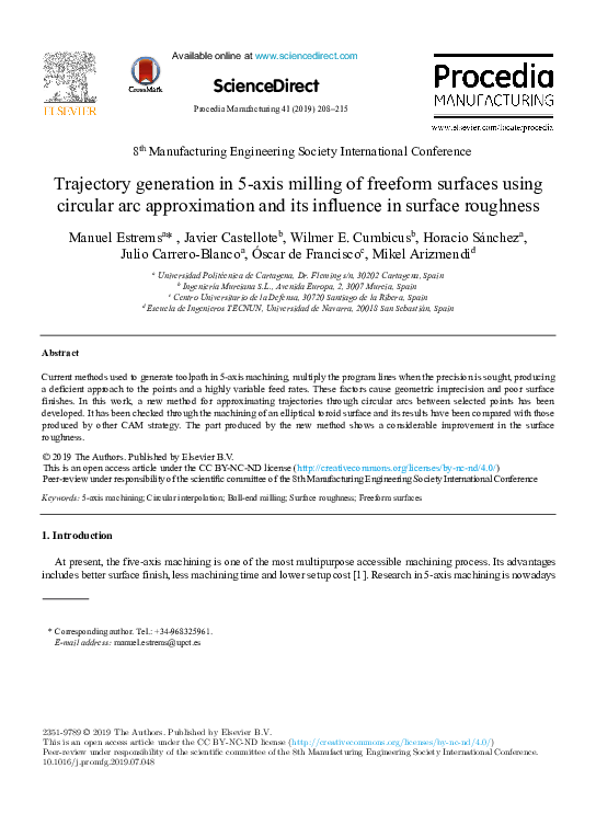 (PDF) Trajectory generation in 5-axis milling of freeform surfaces using circular arc ...