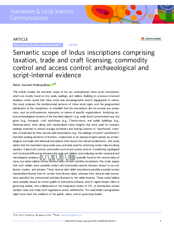 (PDF) Semantic scope of Indus inscriptions comprising taxation, trade ...