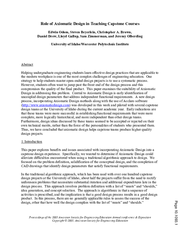 (PDF) Role For Axiomatic Design In Teaching Capstone Courses