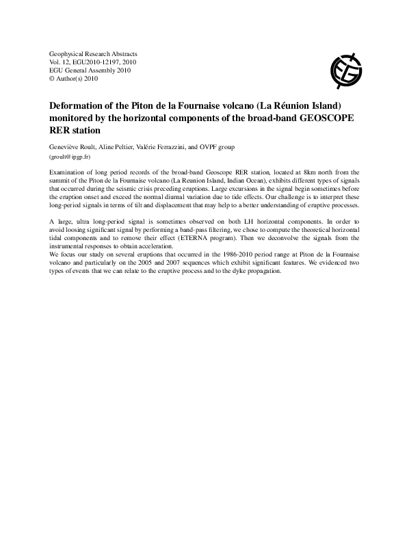 (PDF) Deformation of the Piton de la Fournaise volcano (La Réunion island) monitored by the ...