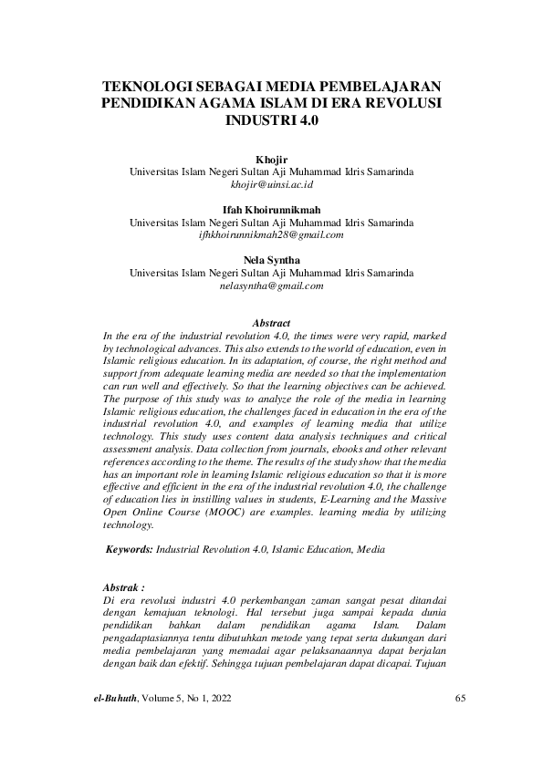 (PDF) Teknologi Sebagai Media Pembelajaran Pendidikan Agama Islam DI Era Revolusi Industri 4.0 ...