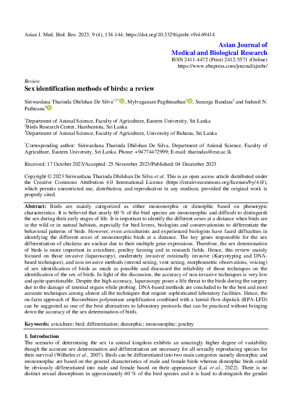Pdf Sex Identification Methods Of Birds A Review