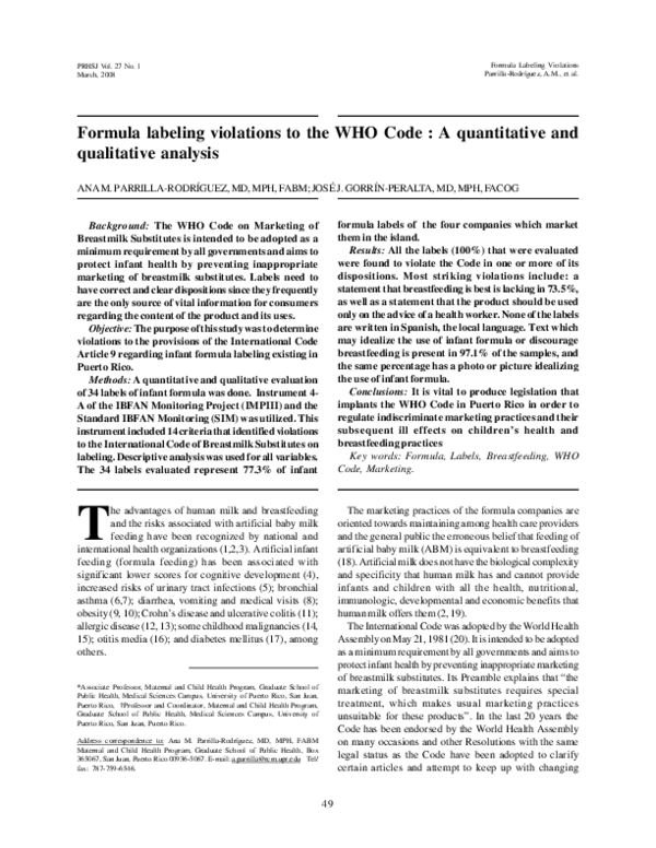 (PDF) Formula labeling violations to the WHO Code: a quantitative and ...