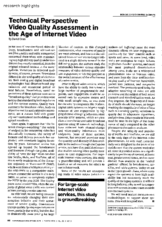 (PDF) Video quality assessment in the age of internet video